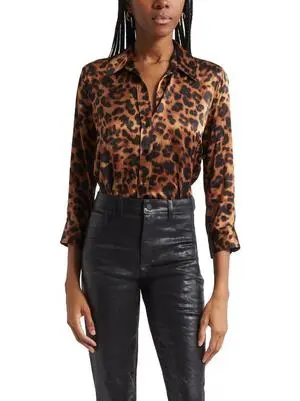L'Agence Dani Leopard Print Silk Shirt - Brown Multi Amur Leopard