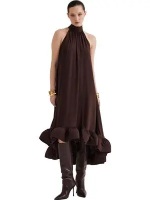 MALINA Sabrina Halterneck Ruffled Midi Dress - Chocolate