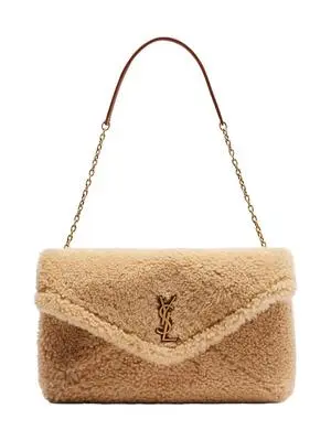Saint Laurent Cassandre Envelope Shearling Shoulder Bag - Beige