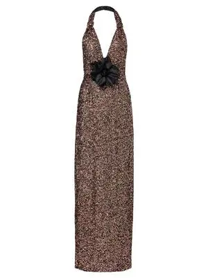 Dolce & Gabbana Floral-appliqué Sequined Halterneck Gown - Brown
