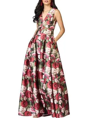 Sachin & Babi Brooke Pleated Floral Gown - Peony Embers