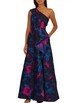 Adrianna Papell One-shoulder Jacquard Ballgown - Navy/orchid