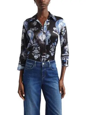 L'Agence Dani Pottery Print Silk Shirt - Black/blue Porcelain Print