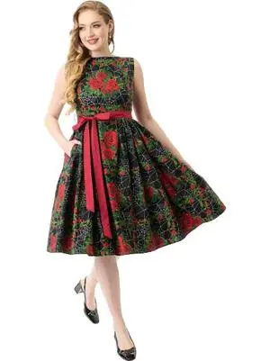 Unique Vintage Sleeveless Belted Swing Dress - Black/red