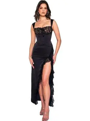 MISS CIRCLE Satin Maxi Dress With Corset And Lace Detail - Black