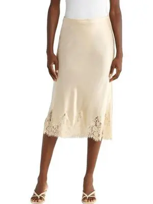 REFORMATION Carolina Lace Trim Silk Midi Skirt - Almond