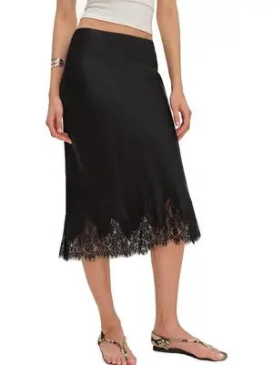 REFORMATION Carolina Lace Trim Silk Midi Skirt Black