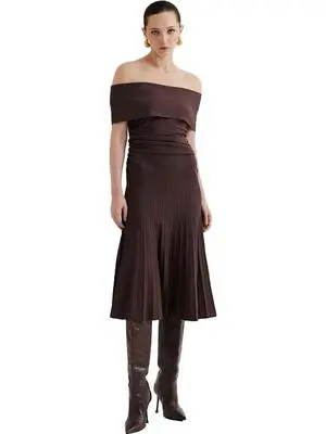MALINA Althena Off-shoulder Knitted Midi Dress - Chocolate