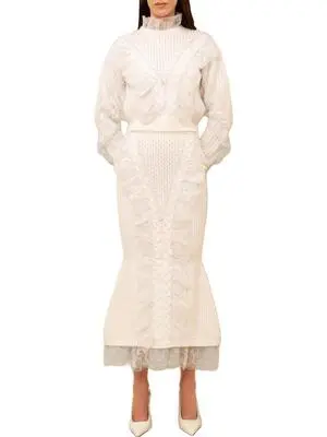 CONTESSA MILLS Wool Knit Lace-trimmed Skirt - White