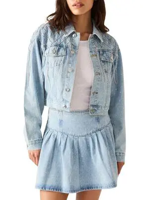 Steve Madden Rhinestone Fringe Denim Jacket - Delft Blue