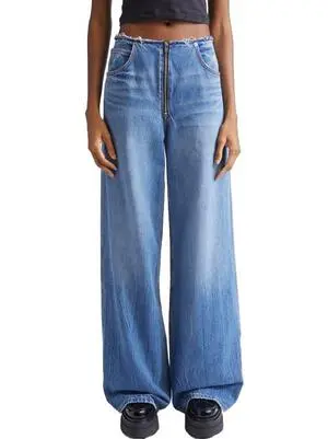 Alexander Wang Raw Cut Waist Low Rise Wide Leg Jeans - Vintage Marbled Blue