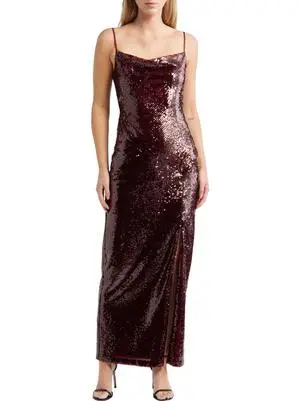 Julia Jordan Sequin Cowl Neck Maxi Dress - Wine