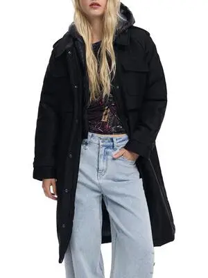 Desigual Padded Longline Trench Coat With Removable Hood - Black