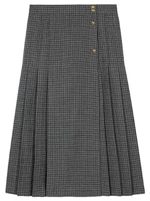The Kooples Checked Wool Midi Skirt With Button Embellishment - Light Grey Mel/white