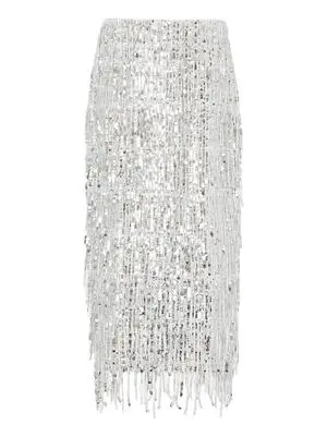 MILLY Roxanne Fringe Sequin Midi Skirt - Silver