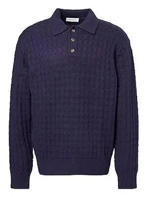 LES DEUX Gustav Squared-structure Knitted Wool-blend Polo Jumper - Dark Navy