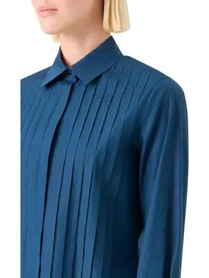 Akris Cotton Poplin Pleated Front Button Down Shirt - Denim