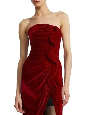 Bcbgmaxazria Strapless Velvet Ruffle Midi Dress - Chilli Pepper