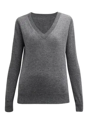 Neiman Marcus Cashmere Classic V-neck Knit Sweater - Heather Grey