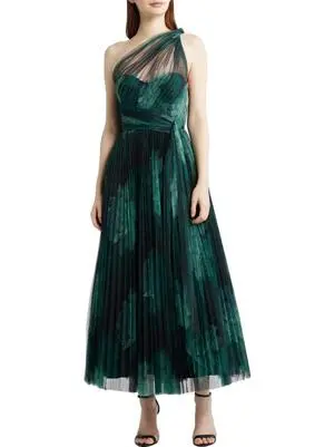 HUTCH Philippa One-shoulder Gown - Forest Tonal Sketched Floral