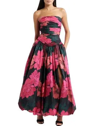 HUTCH Georgina Pleated Strapless Gown - Fuchsia Multi Sketched Floral