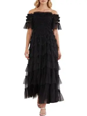 NEEDLE & THREAD Aviana Off-shoulder Tulle Gown - Graphite