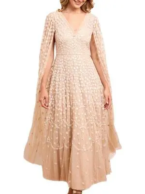NEEDLE & THREAD Clover Cape Sleeve Ankle Gown - Beige/cream