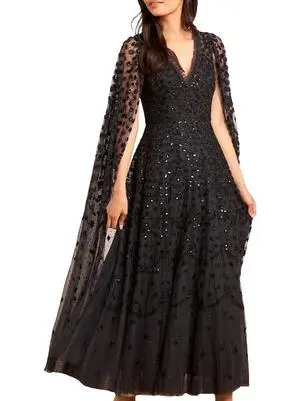 NEEDLE & THREAD Clover Cape Sleeve Ankle Gown - Graphite