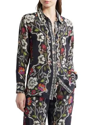 Farm Rio Roccoco Floral Button-up Shirt - Black