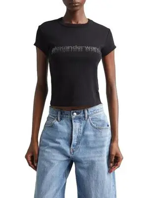 Alexander Wang Hotfix Crystal Logo Baby Tee - Black