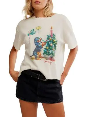 Free People Merry Holiday Waffle Knit Graphic T-shirt - Ivory Combo