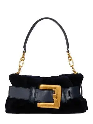 Balmain Mini Anthem Shearling Shoulder Bag - Raven