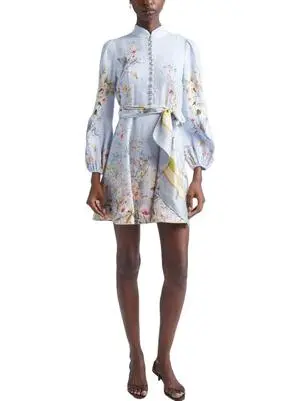 Zimmermann Rebellion Long Sleeve Linen Belted Minidress - Blue Aviary