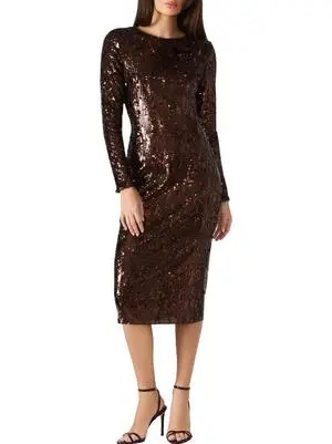 Steve Madden Hailee Sequin Long Sleeve Midi Dress - Brown