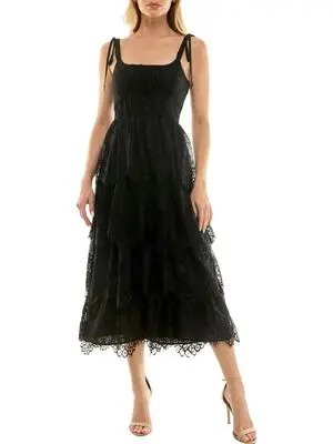 SOCIALITE Tie Strap Tiered Lace Midi Dress - Black
