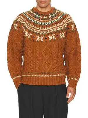 BEAMS Crew Nordic Cable Sweater - Brick