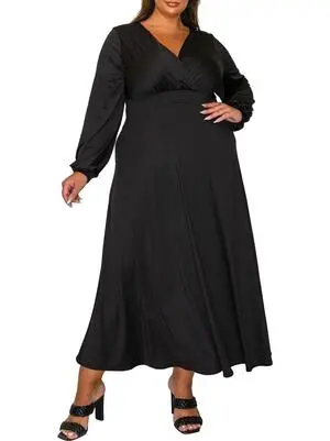 L I V D Surplice Neck Long Sleeve Satin Maxi Dress - Black