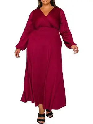 L I V D Surplice Neck Long Sleeve Satin Maxi Dress - Burgundy