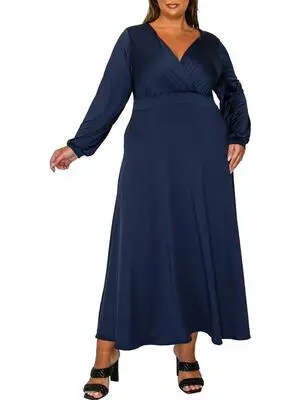 L I V D Surplice Neck Long Sleeve Satin Maxi Dress - Navy