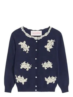 Valentino Garavani Embroidered Wool And Lace Cardigan - Blue/ivory