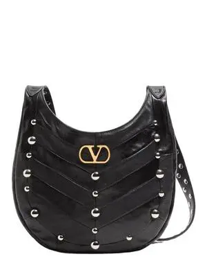 Valentino Garavani Small Nappa Leather Hobo Bag With Chevron Pattern And Studs - Black
