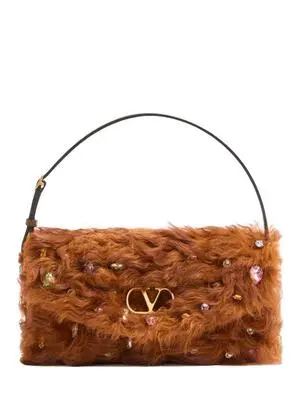Valentino Garavani Small Shoulder Bag In Lamb Fur With Rhinestones - Brown/multicolour