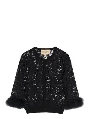 Valentino Garavani Lace And Cotton Cardigan With Feather Boa - Black