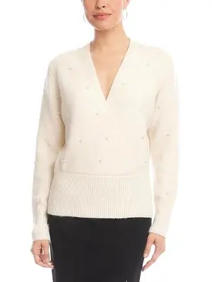 Karen Kane Embellished Faux Wrap V-neck Sweater - Oat