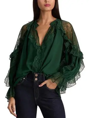 Alice + Olivia Aleena Lace Inset Blouse - Green Mystique