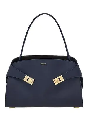 FERRAGAMO Hug Soft Leather Shoulder Bag New Navy