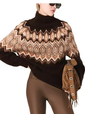 Maje Montebianco Fair Isle High Neck Sweater - Dark Brown