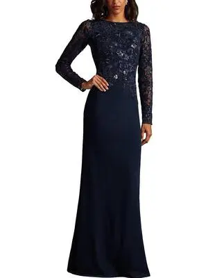 Tadashi Shoji Forena Embroidered Crepe Gown - Navy