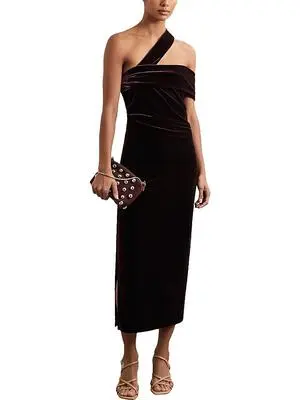REISS Dalia One-shoulder Velvet Midi Dress - Burgundy
