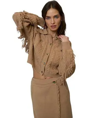 Central Park West Elyse Cabled Fringe Cardigan - Camel